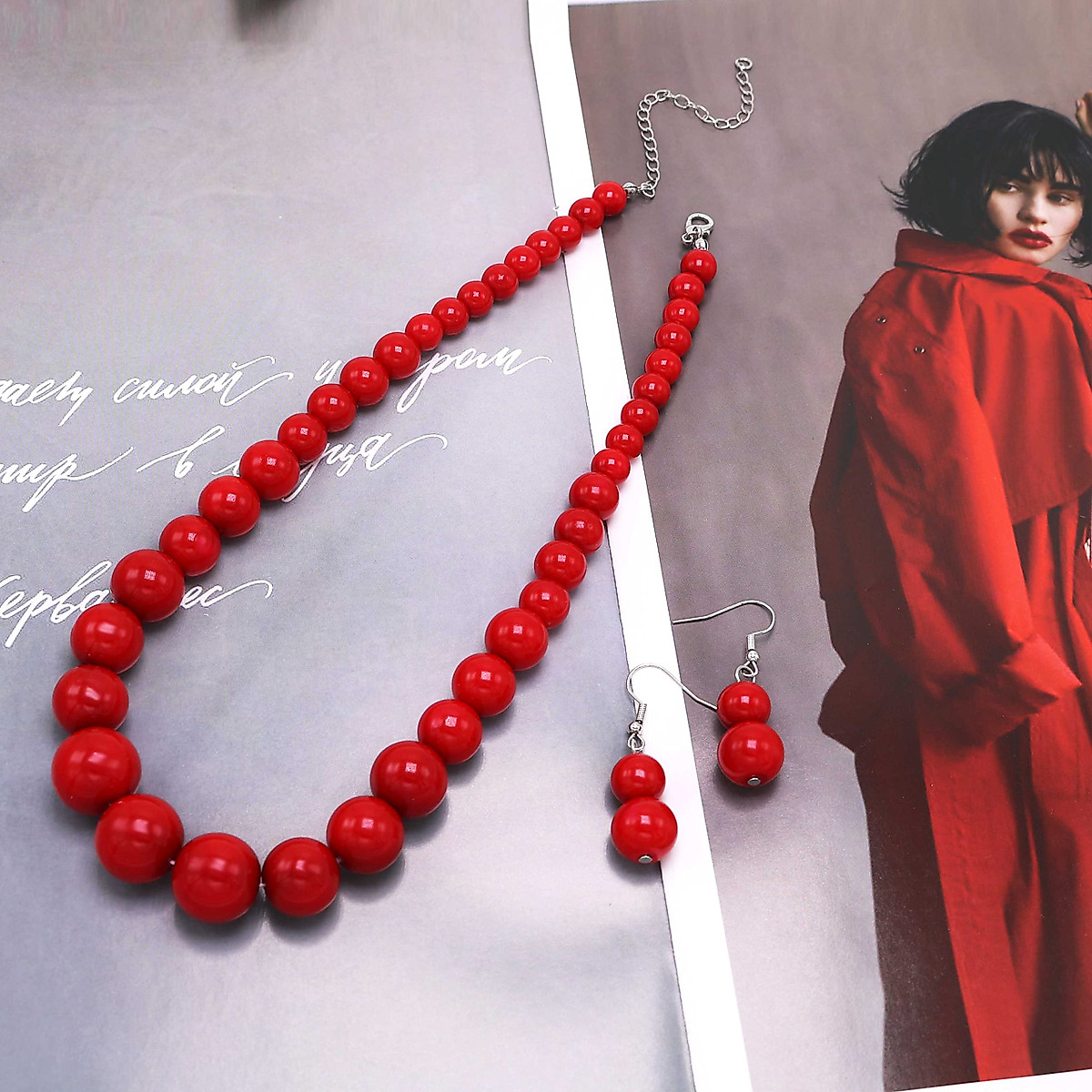 Cryshimmer Pearl Choker Necklace for Women Faux Pearl Beads Strand Necklace Earring Set Costume Jewelry (Red-1)