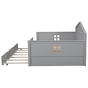 Merax Full Size Wooden Daybed with Trundle and Sensor Light, House Shaped Daybed for Kids, Boys and Girls, No Box Spring Needed, Grey