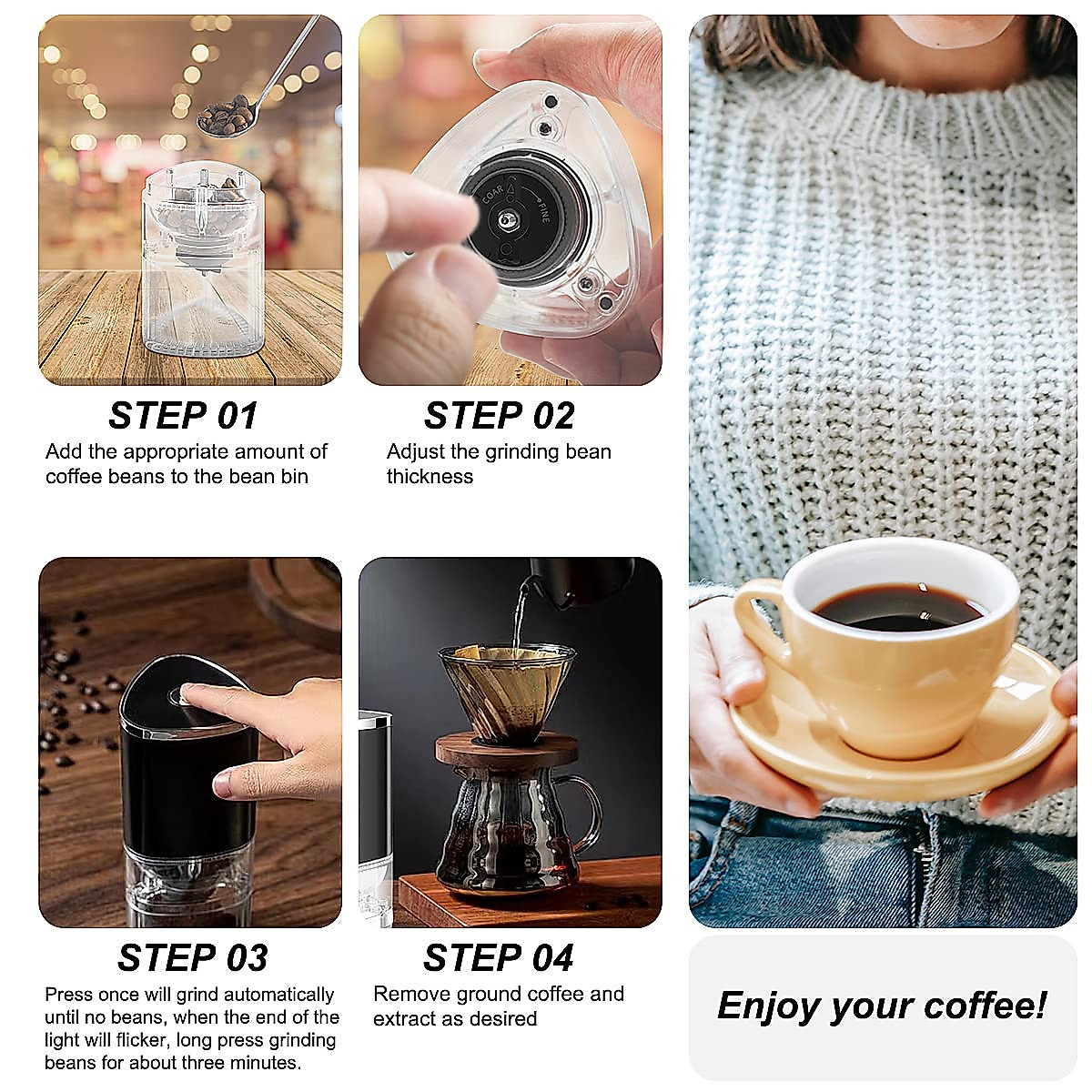 KMYC Coffee Grinder Electric Rechargeable, Bean Grinders for Espresso Coffee Maker and Spice Salt Pepper, Coarse Fine Adjustable Grinding Setting, Small Size Portable and Cordless