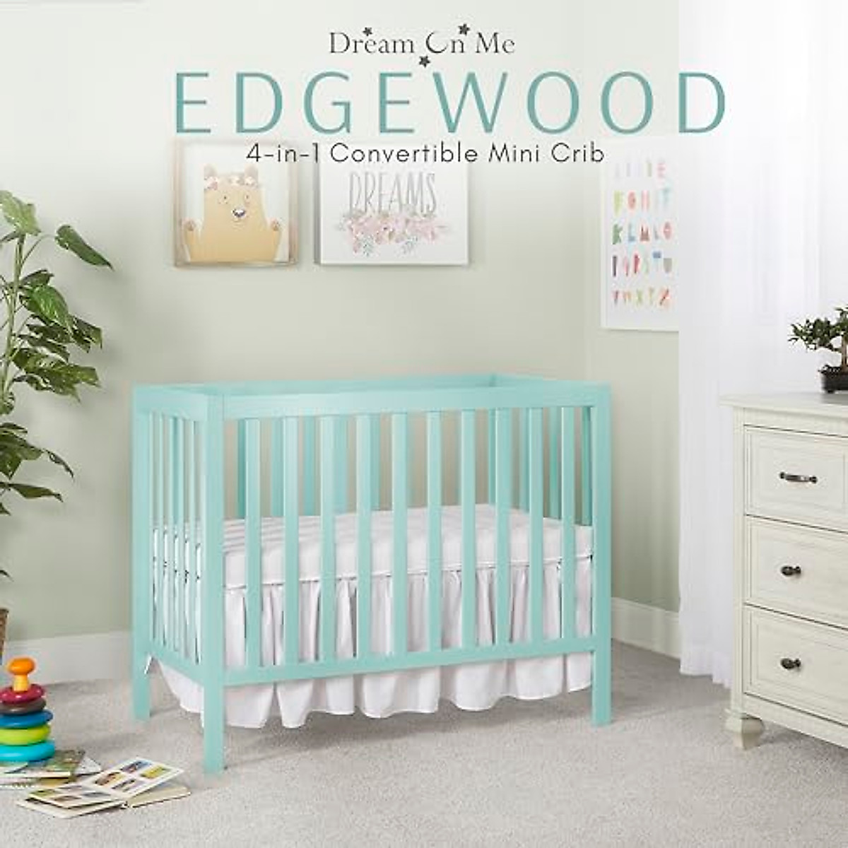Dream On Me Edgewood 4-In-1 Convertible Mini Crib In Mint, JPMA Certified, Non-Toxic Finish, New Zealand Pinewood, With 3 Mattress Height Settings, Included 1" Mattress Pad