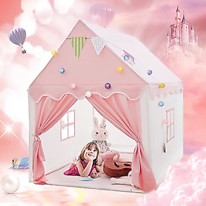 Princess Castle Play Tent for Kids, 100% Natural Fabric Extra Large Foldable Fairy Pink Tent for Girls, Playhouse with Lights and Flags for Children Indoor & Outdoor by WOOD CITY (52"x 40"x 47")