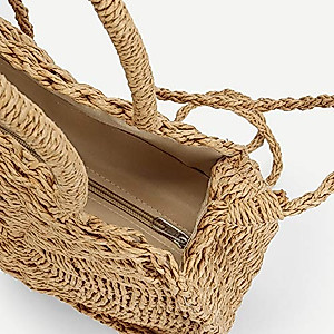 Teeya Straw Crossbody Bag Women Weave Shoulder Bag Round Summer Beach Purse and Handbags, Khaki, Medium