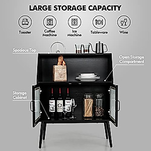 PETSITE Sideboard Buffet Storage Cabinet, Kitchen Accent Console Table with Open Shelf & Tempered Glass Door for Dining Room Hallway, Black