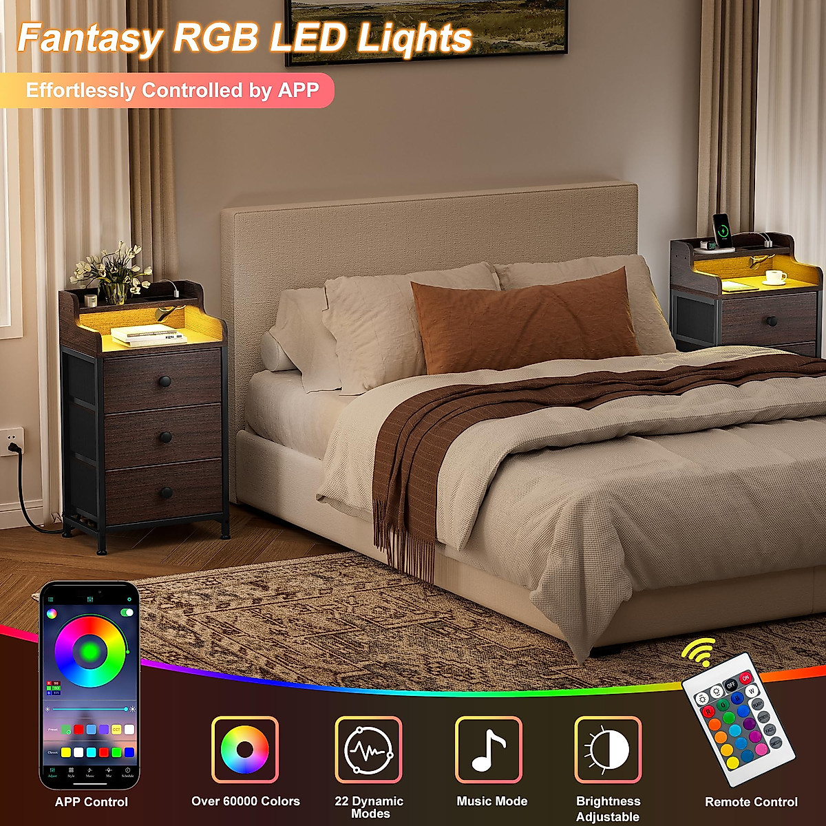 REAHOME Nightstand with Charging Station and LED Light, Tall Brown Night Stand with 3 Drawers and 2-Tier Shelf, Bedside Table with Sturdy Steel Frame Wood Top for Bedroom, Living Room - Brown