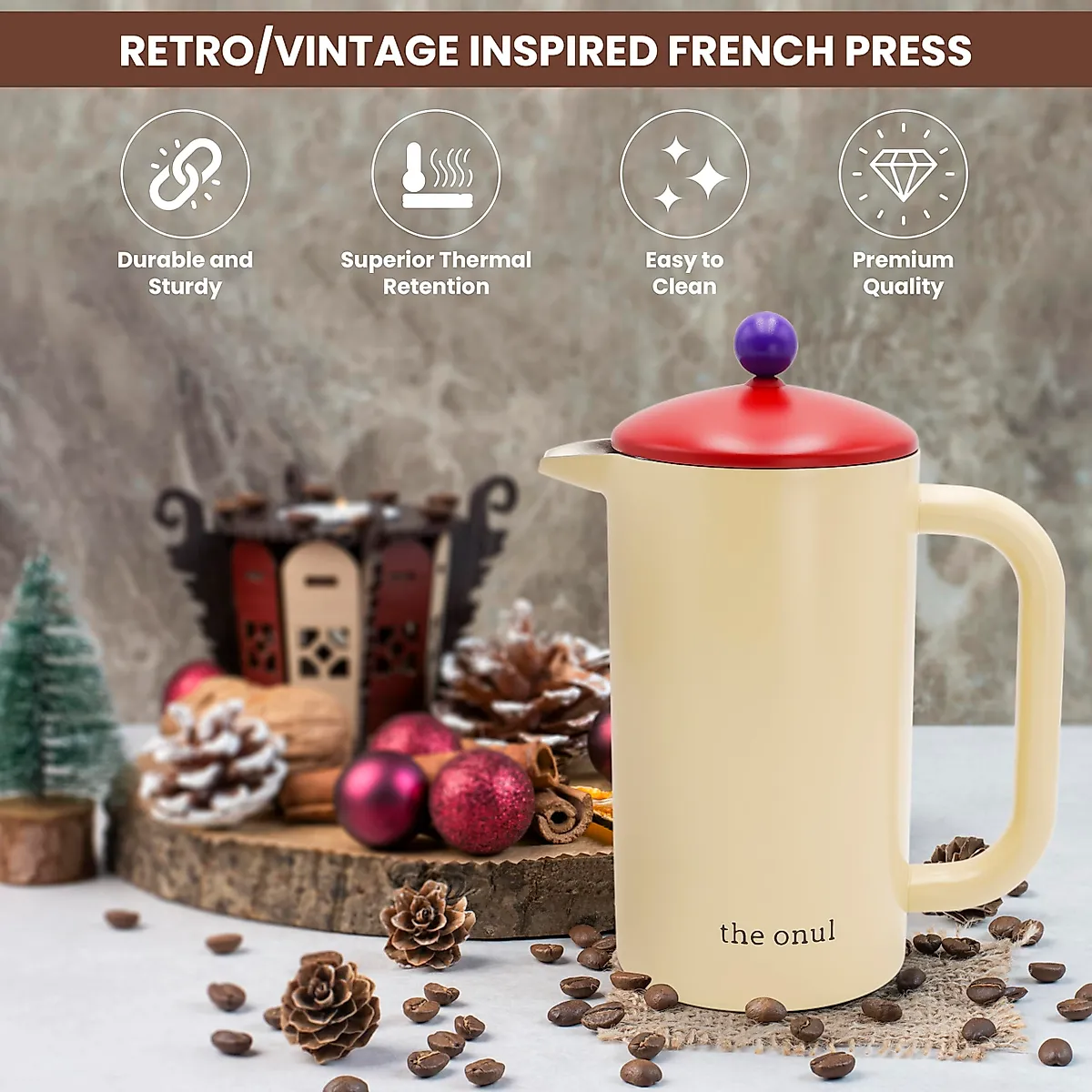 the onul French Press Coffee Maker 34 oz.- Stainless Steel Double Wall Insulated Coffee Press - 3 Level Filtration System with an Exrtra Filter - Cold Brew Coffee and Tea