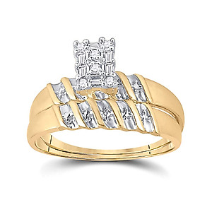 Sizes - L = 6.5, M = 9 - 10k Yellow and White 2 Two Tone Gold Mens and Ladies Couple His & Hers Trio 3 Three Ring Bridal Matching Engagement Wedding Ring Band Set - Round and Baguette Diamonds - Emerald Shape Center Setting (1/10 cttw) - Please use drop d