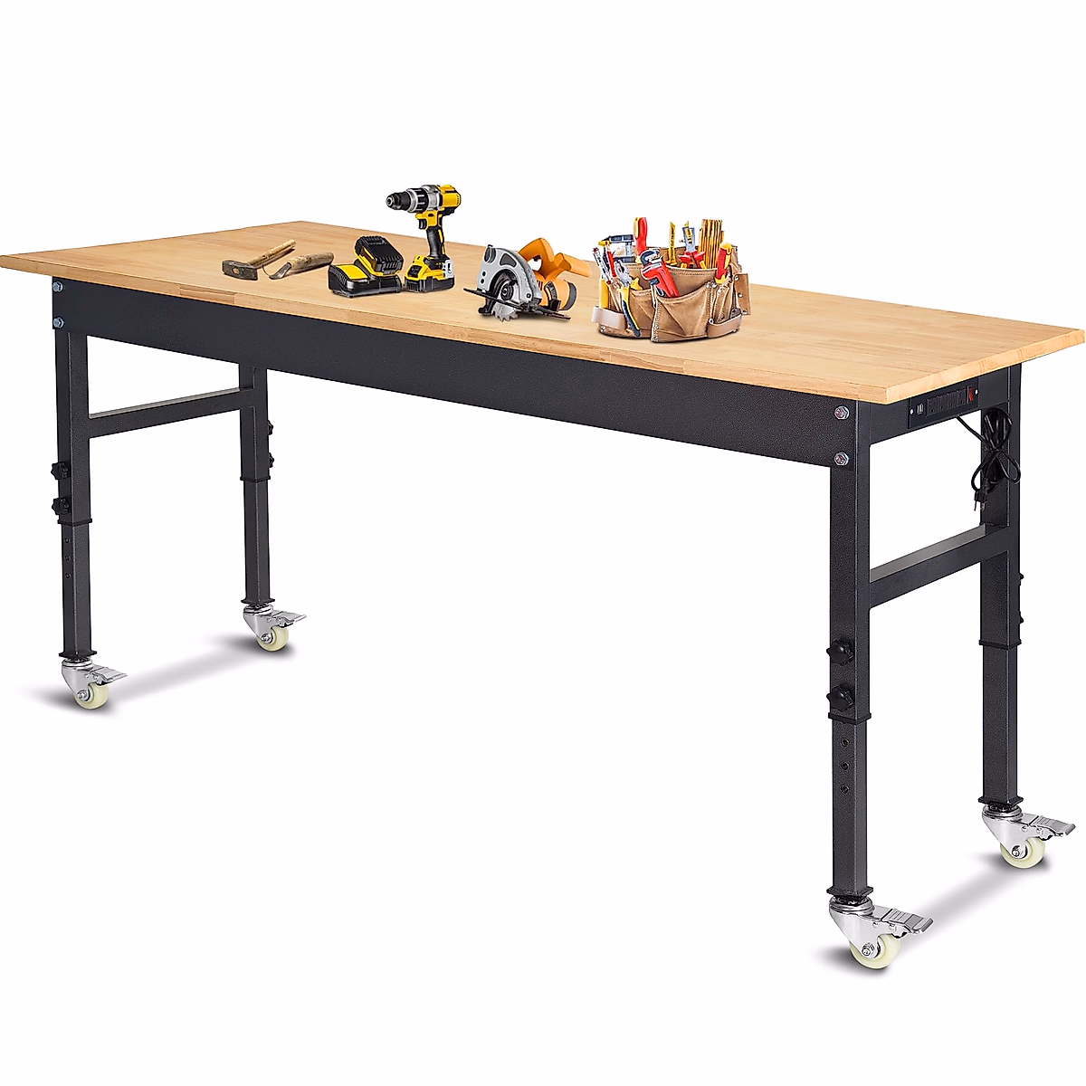 60" Adjustable Work Bench, Rubber Wood Top Workbench Heavy-Duty Work Table with Power Outlet with Wheels, 2000 LBS Load Capacity Hardwood Work Benches for Garage, Workshop, Home, Office, Easy Assembly