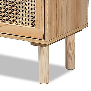 Baxton Studio Faulkner Mid-Century Modern Natural Brown Finished Wood and Rattan 2-Door Bookcase