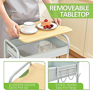 TOOLF 3 Tier Rolling Cart, Metal Utility Cart with Wheels & Wooden Top, Diaper Organizer Cart, Rolling Craft Storage Cart, Serving Trolley Cart for Kitchen, Office, Bathroom, Baby Nursery, Green