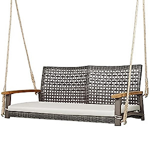 Tangkula 2-Person Outdoor Porch Swing with 118" Hanging Ropes, Patiojoy PE Wicker Patio Hanging Swing Bench with Soft Seat Cushion & 800 Lbs Weight Capacity, Suitable for Patio, Garden (Off White)