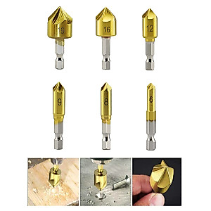 Countersink Drill Bit Set 6 Pcs 5 Flute Counter Sinker Drill Bits and 90 Degree Center Punch Tools HSS 1/4" Hex Shank for Wood Metal Quick Change 6-19mm (6)