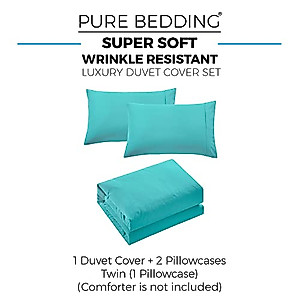 Pure Bedding Duvet Cover Queen [3-Piece, Aqua] - 1 Comforter Protector with Zipper Flap and 2 Pillow Shams - Hotel Luxury 1800 Brushed Microfiber - Ultra Soft, Cool and Breathable Comforter Cover