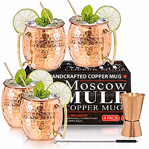 Benicci Moscow Mule Copper Mugs - Set of 4-100% HANDCRAFTED - Food Safe Pure Solid Copper Mugs - 16 oz Gift Set with BONUS: Premium Quality Cocktail Copper Straws and Jigger!