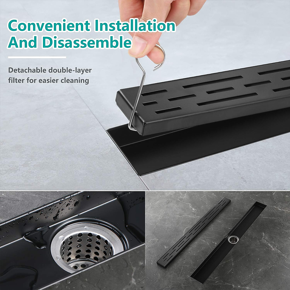 BARONAGE 24 Inch Linear Shower Drain - Rectangular Bathroom Shower Floor Drain with Brickwork Pattern Grate, AISI 304 Included Adjustable Feet Threaded Adapter Hair Strainer Matte Black CUPC Certified