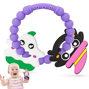 Halloween Cute Teething Ring, White Ghost & Pumpkin - Soft Silicone, Lovely Gifts 3-12 Months