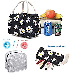 Flowers Backpack Kids School Bag 3-in-1 Bookbag Set, Junlion Laptop Backpack Lunch Bag Pencil Case Gift for Teen Girls Womens Daisy Black