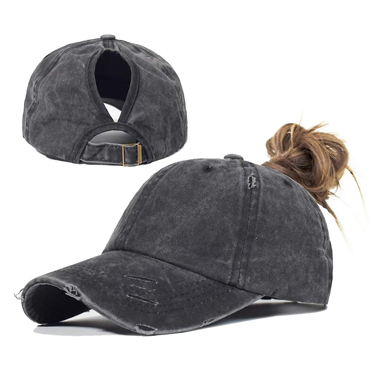 Washed Ponytail Hats Pony Tail Caps Distressed-Baseball for Women(Jean Black)