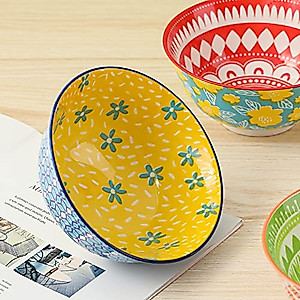 Porcelain Soup Cereal Bowls Set - Ceramic Bowls for Kitchen 23 oz - 6 Colorful Patterned Cute Bowl Sets - 6 Inch Deep Bowls for Oatmeal | Oat | Noodle | Breakfast - Dishwasher and Microwave Safe