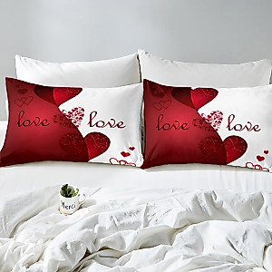 jejeloiu White Red Bedding Set Queen Size Couple Love Hearts Comforter Cover Set for Girls Women Lover Romantic Floral Flower Duvet Cover Valentine's Day Bedspread Cover Room Decor