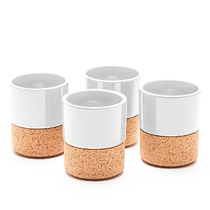 White Double Espresso Cups Set of 4 - Removable Cork Insulating Base Ceramic Coffee Cup Mug 4oz with Removable Cork Sleeve - Stackable - Handleless