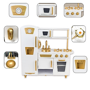 WoodenEdu Kitchen Playset for Kids Ages 3-8, Wooden Pretend Play Kitchen, Incloud Telephone, Ice Maker, Refrigerator, Dimensions: 35” H x 31” W x 12” D (White)