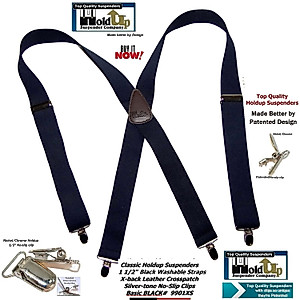 1 1/2" Wide Classic Series Holdups Suspenders for Men in X-back style w/USA Patented No-slip® Silver Clips (Black XS)