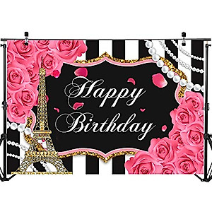 Mocsicka Paris Birthday Backdrop 7x5ft Black White Stripe Pink Rose Effel Tower Happy Birthday Photo Booth Backdrops Sweet 16th Photography Studio Background