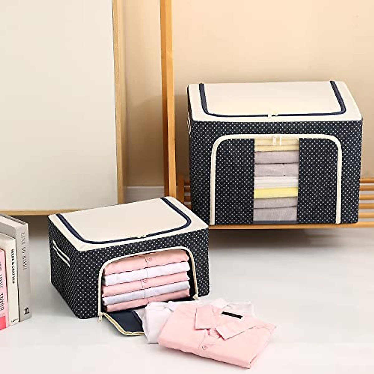 3 Pack Upgraded Clothes Storage Containers Bins, Stackable Storage Bins-Collapsible Storage Bins for Clothes Storage Box for Clothing with Front Zipper＆ Clear Window＆ Reinforced Handles, 66L, 3PCS)