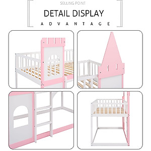 Harper & Bright Designs Twin Over Twin Kids Bunk Bed, Twin Loft Bed with Castle Shape Design, Wooden Floor Bunk Beds for Girls Boys Bedroom Dorm, Pink