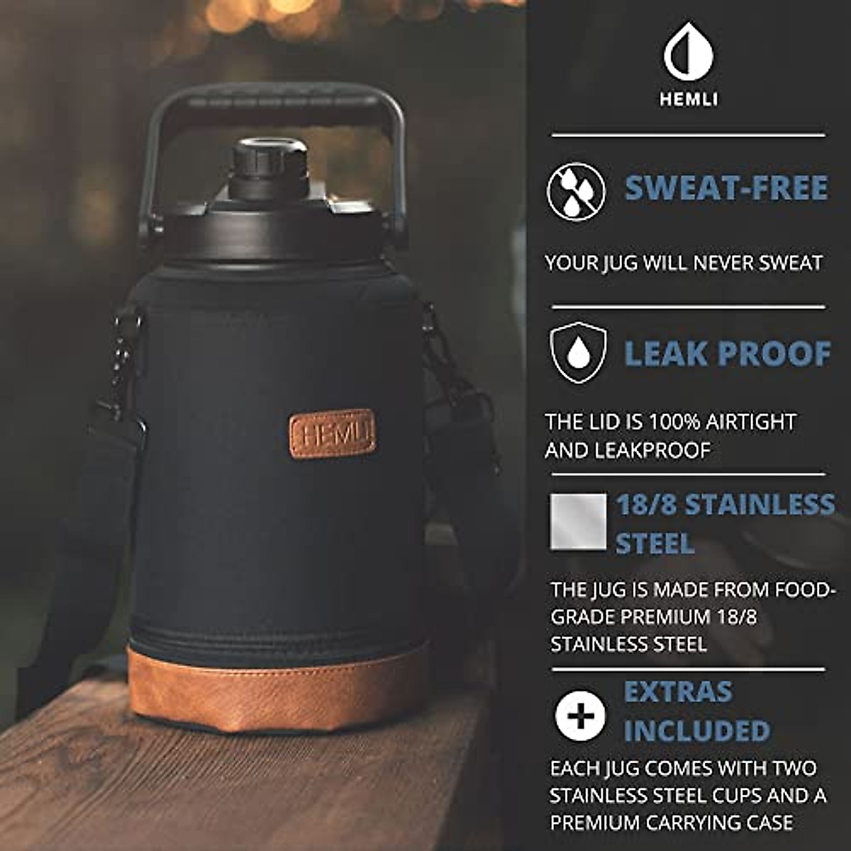 HEMLI One Gallon Water Bottle Insulated, 128 oz Insulated Stainless Steel Water Bottle, One Gallon Jug, Double Wall Vacuum-Sealed Insulated Beer Growler, with Carrying Case