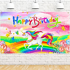 Ufocusmi Rainbow Unicorn Happy Birthday Backdrop, Unicorn Birthday Decorations for Girls, Unicorn Themed Party Background Banner 6x3.6 Feet
