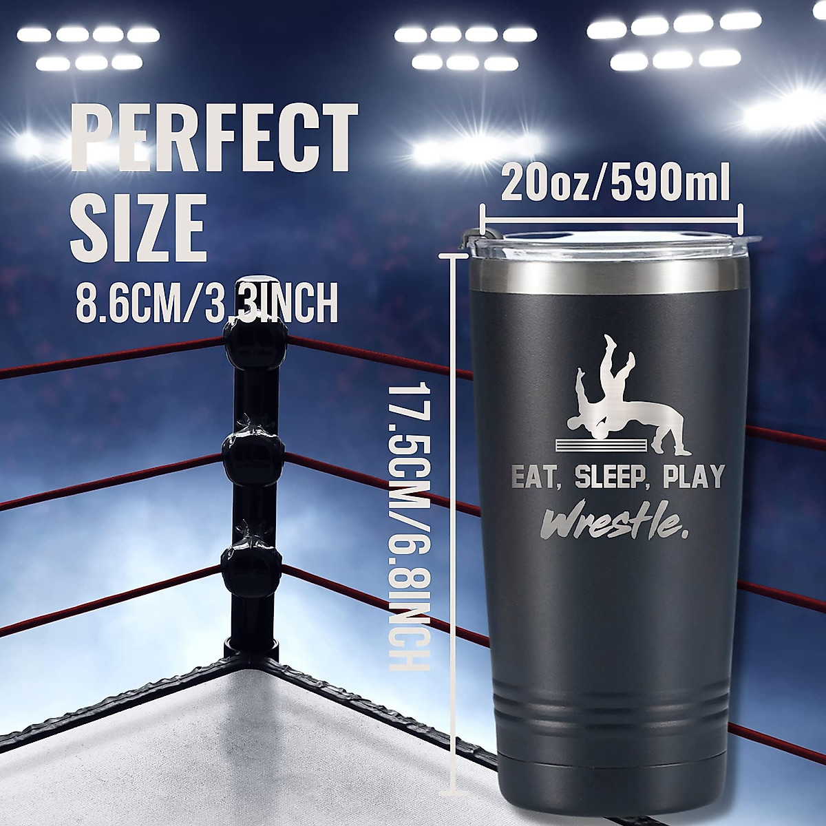 Onebttl Wrestling Gifts, Eat Sleep Play Wrestle, Wrestler Gifts for Men, Teen Boys, Appreciation Gift for Coaches, Juegos de Lucha libre, 20oz Stainless Steel Tumbler, Black