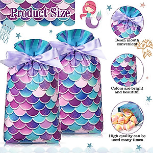 Pasimy 50 Pcs Mermaid Party Favor Bags 6x9 Inch Mermaid Scales Plastic Favor Bags Under the Sea Goodie Candy Bags Plastic Drawstring Bags Mermaid Birthday Bags for Girl Mermaid Party Supplies