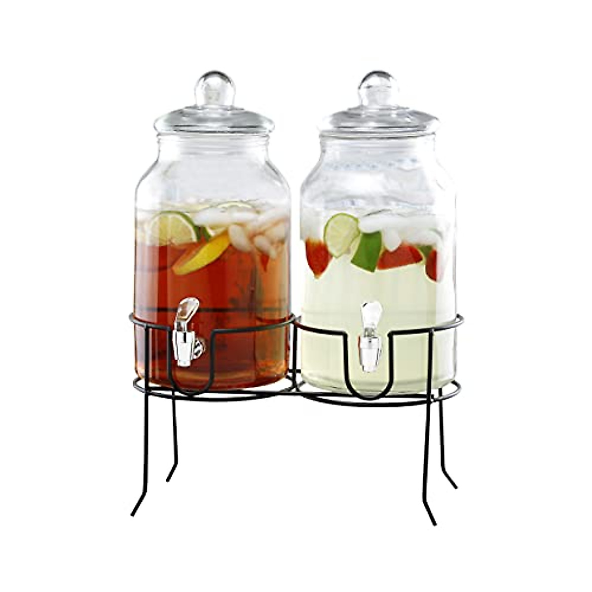 Style Setter Rustic Home Beverage Dispenser Set of 2 Cold Drink Dispenser w/ 1-Gallon Capacity each Glass Jug, Metal Rack & Leak-Proof Acrylic Chrome Spigot Great for Parties, Weddings