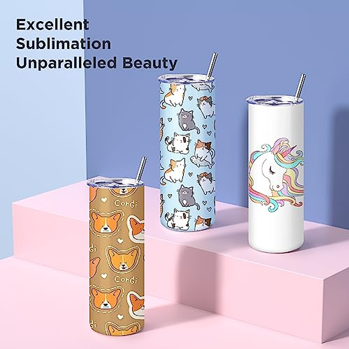 GMFINE Sublimation Tumbler Blank 20 oz Skinny Straight with Lids & Metal Straw, Stainless Steel Insulated Sublimation Cups Blank for Mugs Tumbler Heat Press, Pack of 8