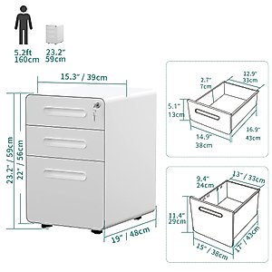 YITAHOME 3-Drawer Metal Mobile File Cabinet, Rolling Filing Cabinet with Lock, Filing Cabinet Under Desk fits Legal/A4 Size for Home/Office, Fully Assembled,White