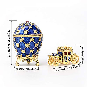 QIFU Vintage Blue Faberge Egg Style Jewelry Trinket Box with Mini Royal Carriage, Unique Gift for Easter Collection