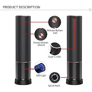 Rechargeable Electric Wine Bottle Opener, Automatic Corkscrew Remover, Gift Kit for Wine Lover, with Free Foil Cutter, LED Power Indicator, Charging Cable Included