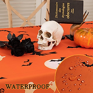 MikiUp Halloween Tablecloth, Castle Ghost Decorative Rectangle Table Cloth, Holiday Fabric Table Cover for Party Picnic Dinner Decor, Orange 60 x 84 Inch