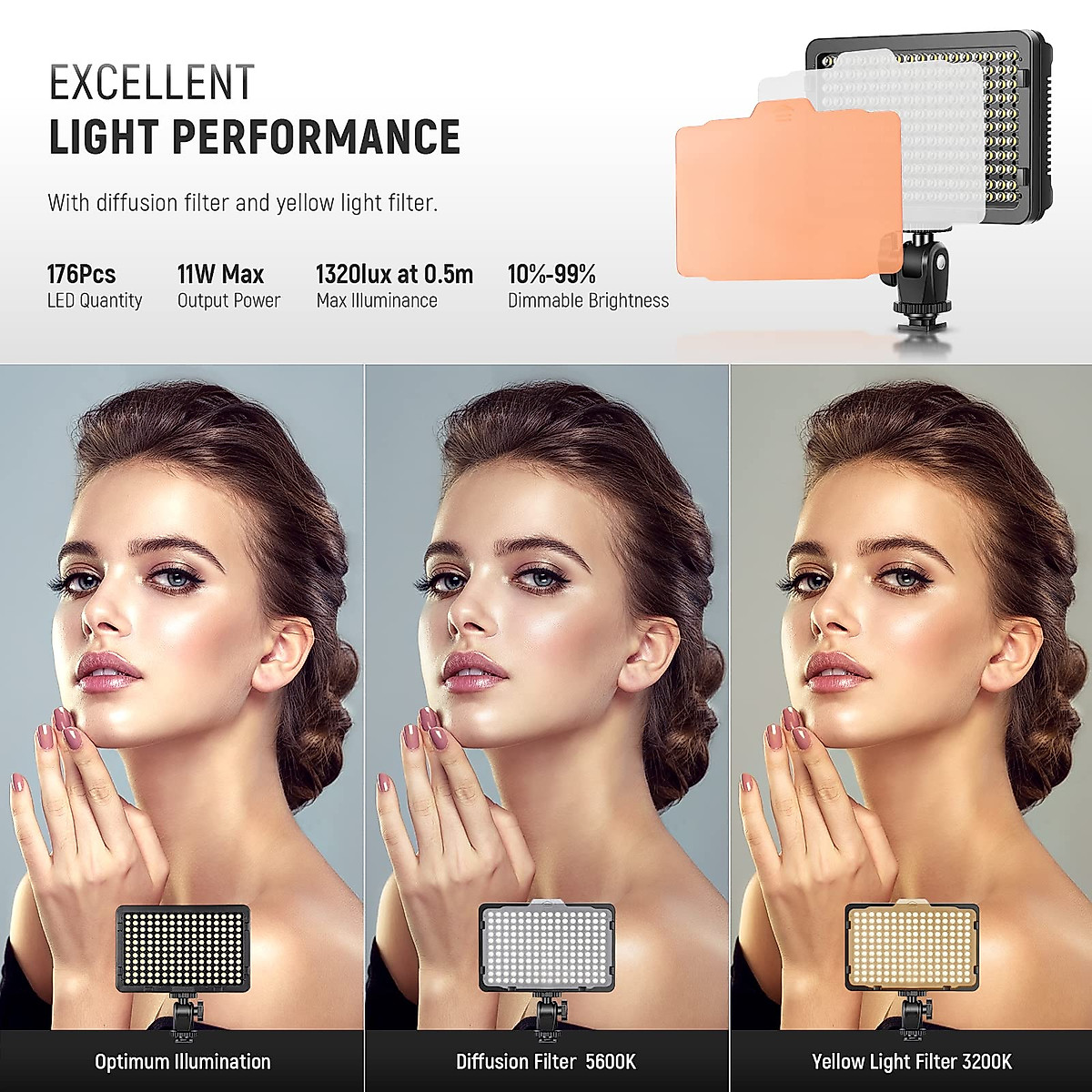 Neewer on Camera Video Light Photo Dimmable 176 LED Panel with 1/4" Thread for Canon, Nikon, Sony and Other DSLR Cameras, 5600K (Battery Not Included)