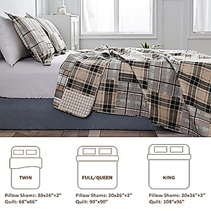 CHESITY King Size Quilt Set - Plaid & Stripe Bedding Sets, 3-Piece Brown Bedspread Sets, Reversible Lightweight, Grid Coverlet, Patchwork Soft Quilt for Bed (96" x 108")