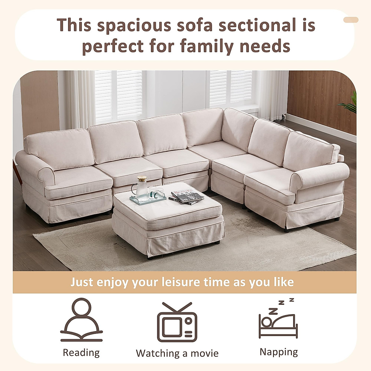 Merax 109.4" Fabric Large Upholstered U-Shape Sectional Sofa Sets, Modular Customizable, Couch with Removable Ottoman for Living Room, 108.6 inch Length, Beige