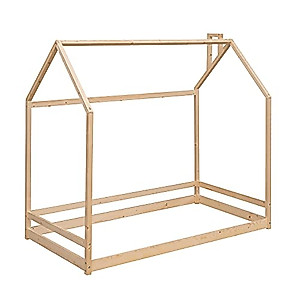 AOCOROE Twin Size House Bed Frame Floor Montessori House Bed Canopy Bed for Boys and Girls. House Shaped Wood Twin Bed Frame Without Slats, Natural