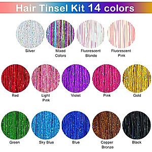 Hair Tinsel Kit (48 Inch,14 Colors, 3500 strands), Tinsel Hair Extensions with Tools, Heat Resistant Fairy Hair Tinsel Kit for Women Hair Accessories