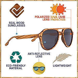 Woodies Polarized Full Zebra Wood Sunglasses for Men and Women | Black Polarized Lenses and Real Wooden Frame | 100% UVA/UVB Ray Protection