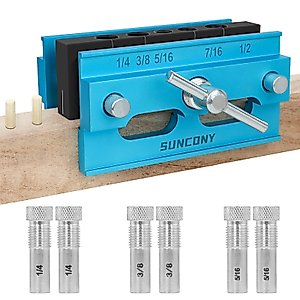 SUNCONY Doweling Jig Self Centering Kit,Biscuit Joiner Woodworking Dowel Jig Tool for Straight Holes, Drilling Jig With 6 Bushings, Ajustable Width Drilling Guide Power Tool Accessory Jigs (Blue)