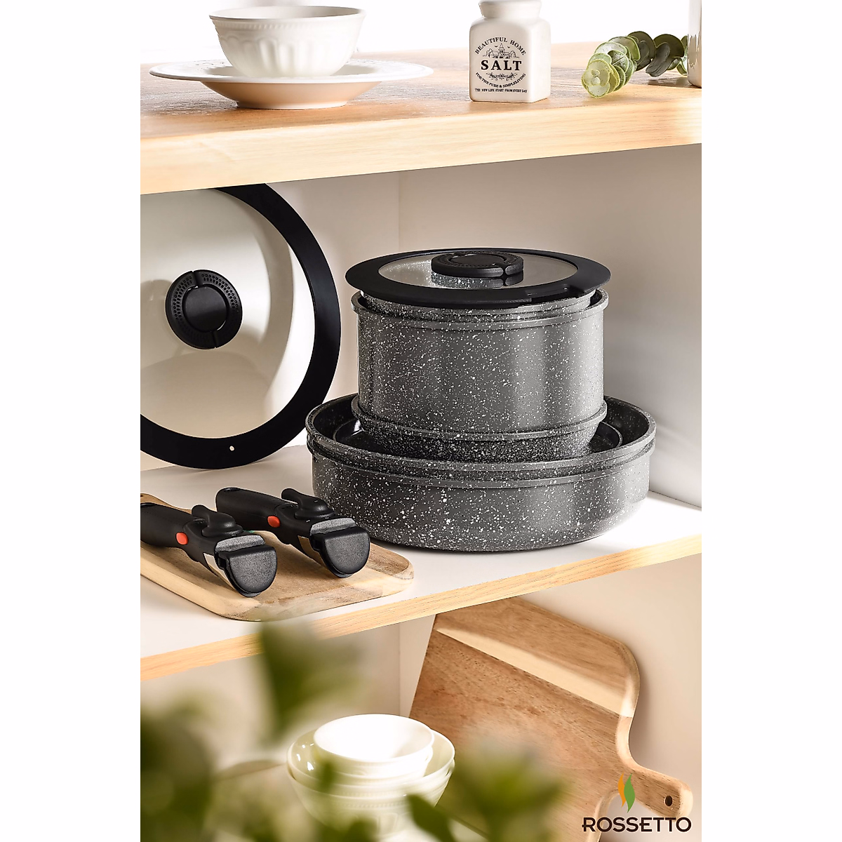 ROSSETTO 16pcs Pots and Pans Set Non Stick from France, Ceramic Cookware Set with Removable Handle, Induction RV Kitchen Cookware Set, Stackable, PFOA and PFAS Free, Oven Safe, Black Granite