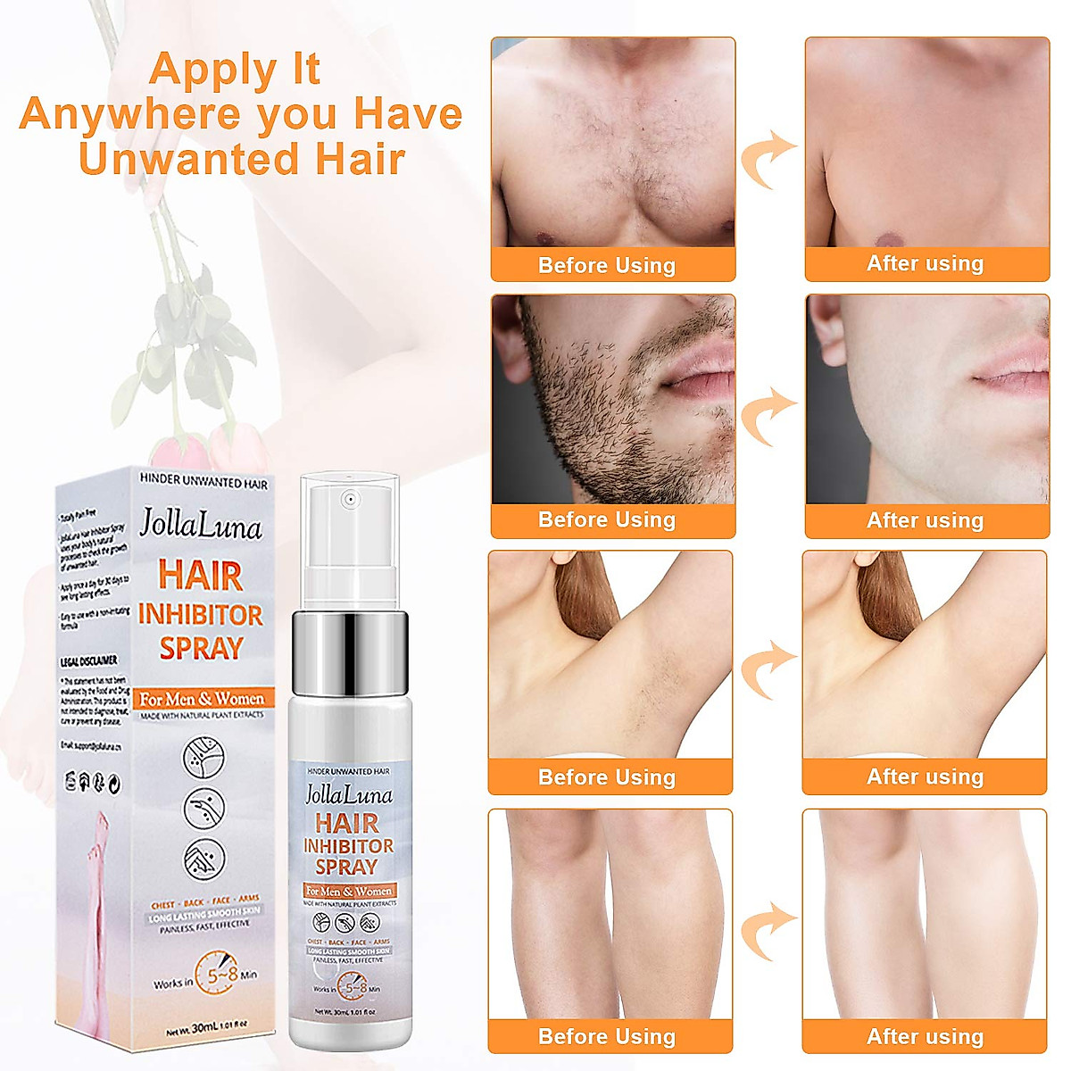 JollaLuna Hair Inhibitor, Hair Removal Spray, Hair Stop Growth Spray for Men and Women, Non-Irritating Painless Hair Removal for Face Arms Legs Chest Armpit, 30 mL (Aromatic)