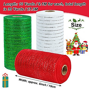 3 Rolls Mesh Ribbon for Wreaths, 6 Inch x 30 Feet Each Roll Red Green White Poly Deco Mesh Rolls, Christmas Ribbon for Wreaths, Swags and Christmas Tree Decoration
