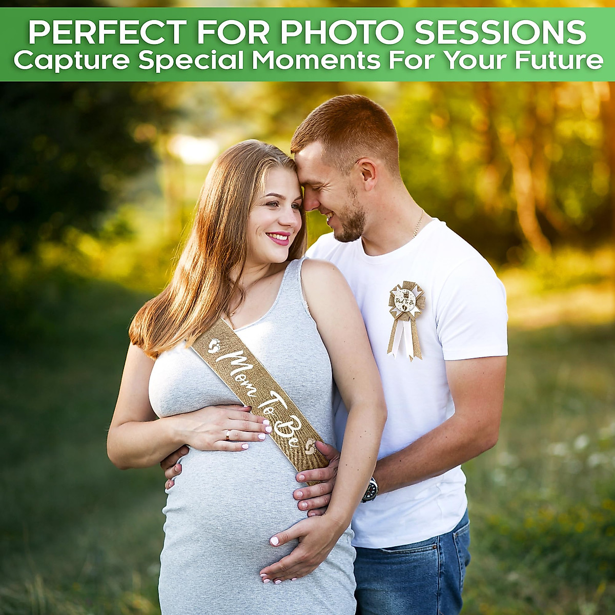 Mom to Be Sash Baby Shower Decorations Neutral Burlap Sashes Dad to Be Pin - Rustic Baby Shower Corsage Mom and Dad to Be Sash for Baby Shower - Mother to Be Sash Neutral Gender Reveal